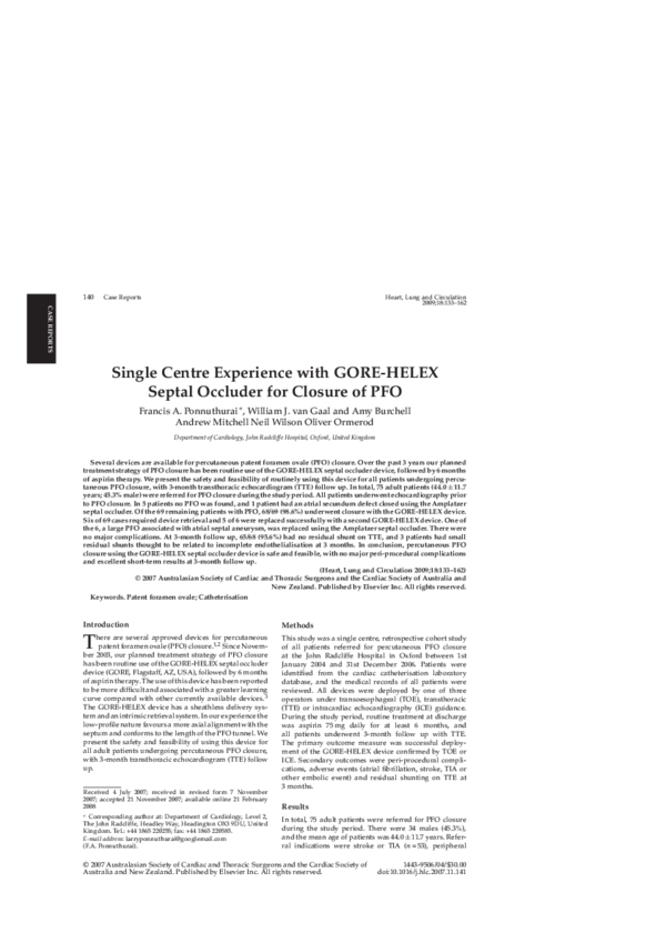 (PDF) Single Centre Experience with GORE-HELEX Septal Occluder for ...