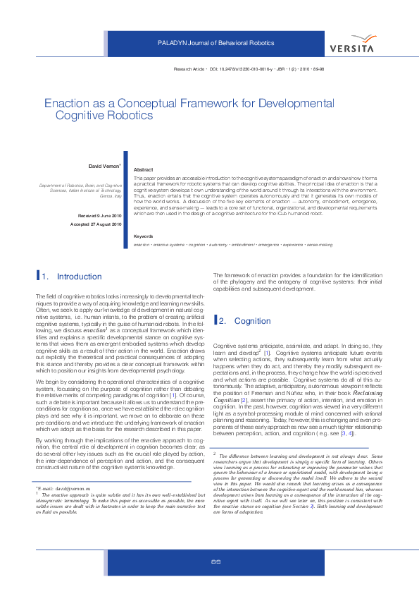 (PDF) Enaction as a conceptual framework for developmental cognitive ...