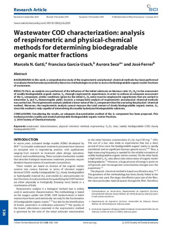 (PDF) Wastewater COD characterization: analysis of respirometric and ...