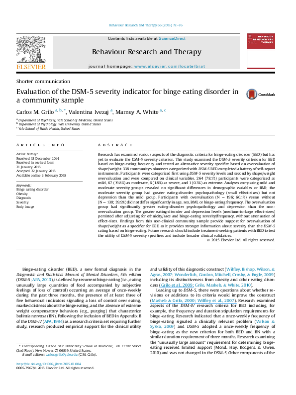 (PDF) Evaluation of the DSM-5 severity indicator for binge eating ...