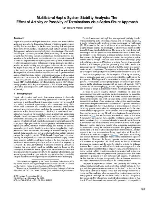 (PDF) Multilateral haptic system stability analysis: The effect of activity or passivity of ...