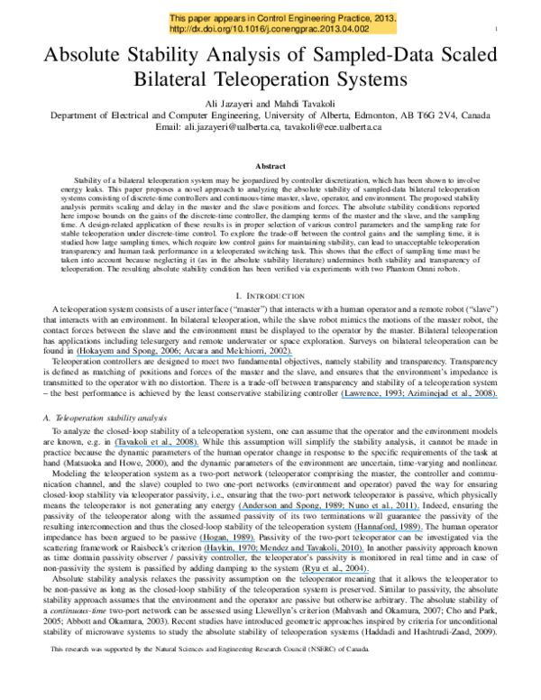 (PDF) Absolute stability analysis of sampled-data scaled bilateral ...