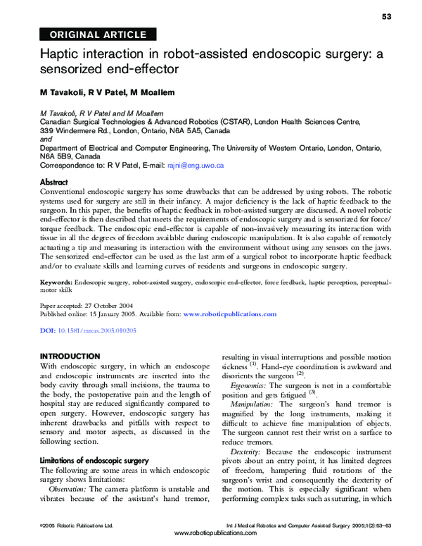 (PDF) Haptic interaction in robot-assisted endoscopic surgery: a ...