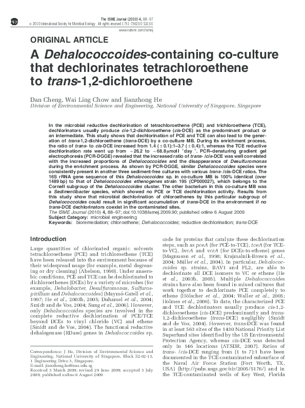 (PDF) A Dehalococcoides-containing co-culture that dechlorinates ...