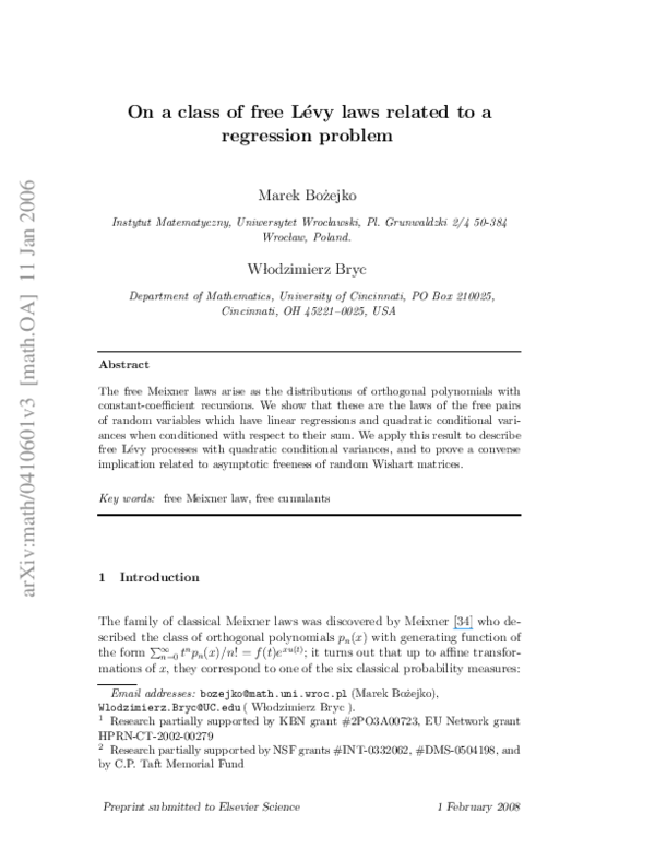 (PDF) On a class of free Lévy laws related to a regression problem