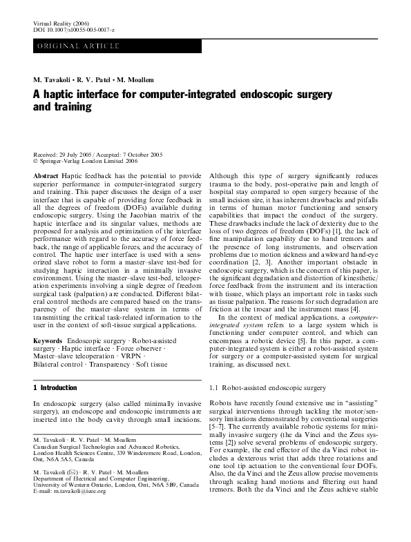 (PDF) A haptic interface for computer-integrated endoscopic surgery and ...