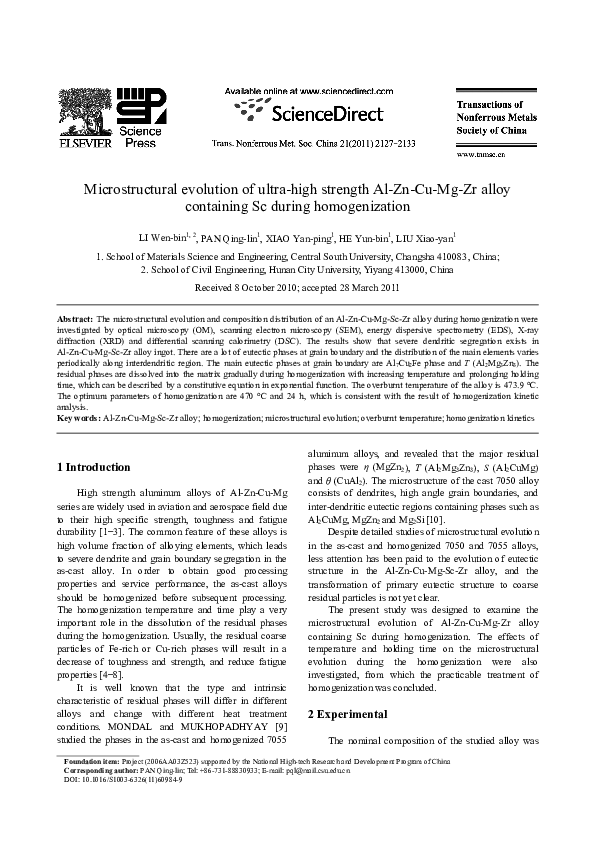(PDF) Microstructural evolution of ultra-high strength Al-Zn-Cu-Mg-Zr alloy containing Sc during ...