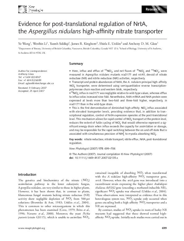 (PDF) Evidence for post-translational regulation of NrtA, the ...