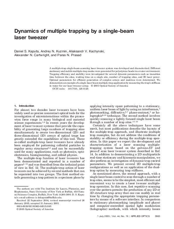(PDF) Dynamics of multiple trapping by a single-beam laser tweezer