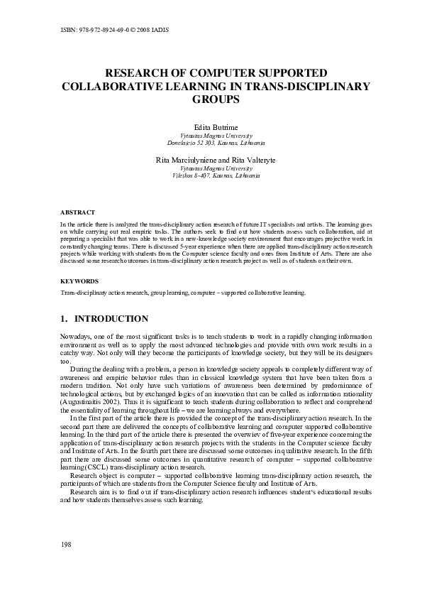 (PDF) Research on Computer-Supported Collaborative Learning in Transdisciplinary Groups