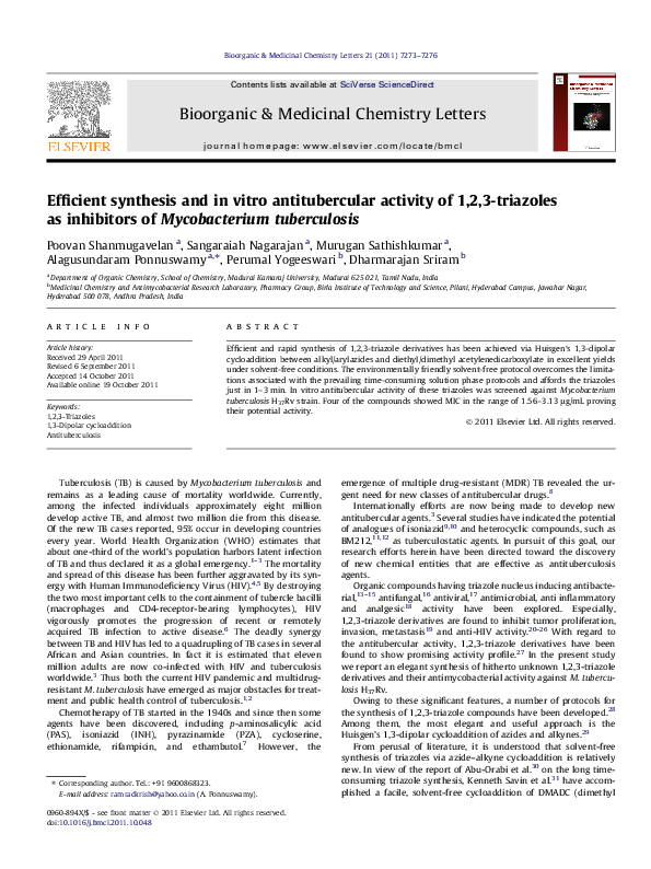 (PDF) Efficient synthesis and in vitro antitubercular activity of 1,2,3-triazoles as inhibitors ...