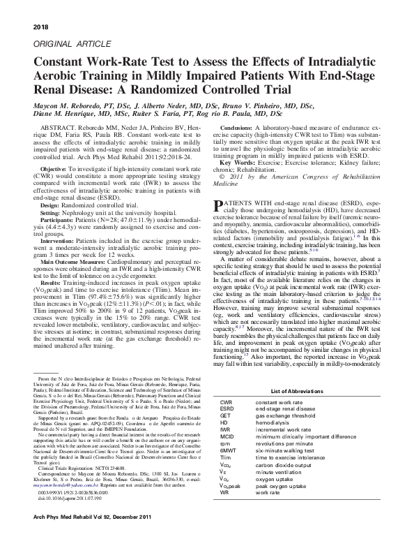 (PDF) Constant Work-Rate Test to Assess the Effects of Intradialytic ...