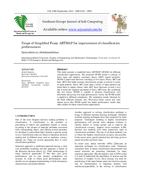 Pdf Usage Of Simplified Fuzzy Artmap For Improvement Of
