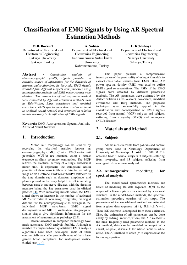 (PDF) Classification of EMG Signals by Using AR Spectral Estimation Methods