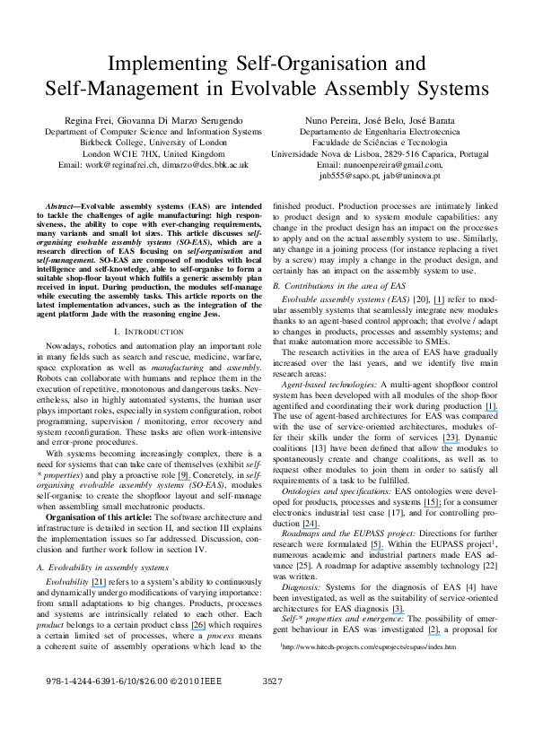 Pdf Implementing Self Organisation And Self Management In Evolvable Assembly Systems
