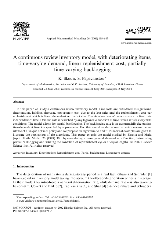 Pdf A Continuous Review Inventory Model With Deteriorating Items Time Varying Demand Linear