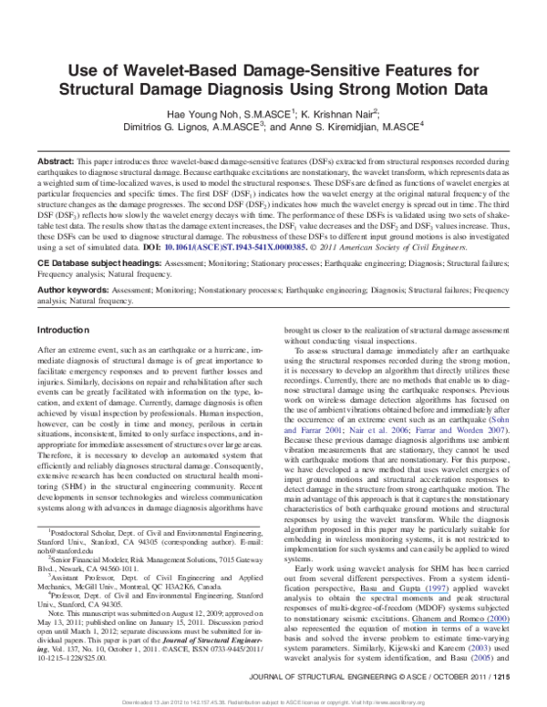 (PDF) Use of Wavelet-Based Damage-Sensitive Features for Structural ...