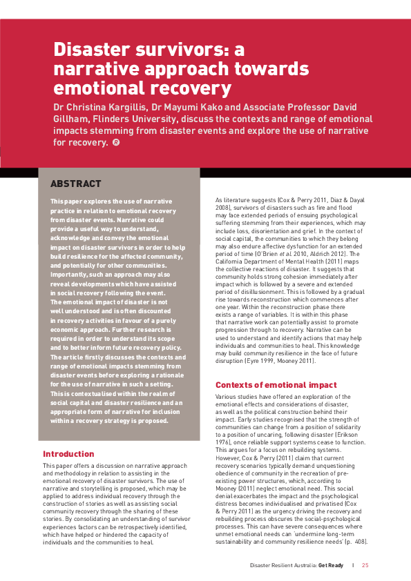 (PDF) Disaster survivors: A narrative approach towards emotional recovery