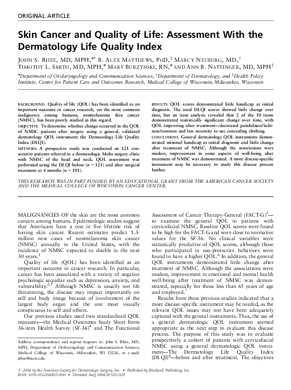 (PDF) Skin Cancer and Quality of Life: Assessment With the Dermatology ...