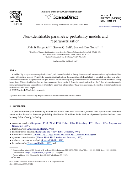 (PDF) Non-identifiable parametric probability models and reparametrization