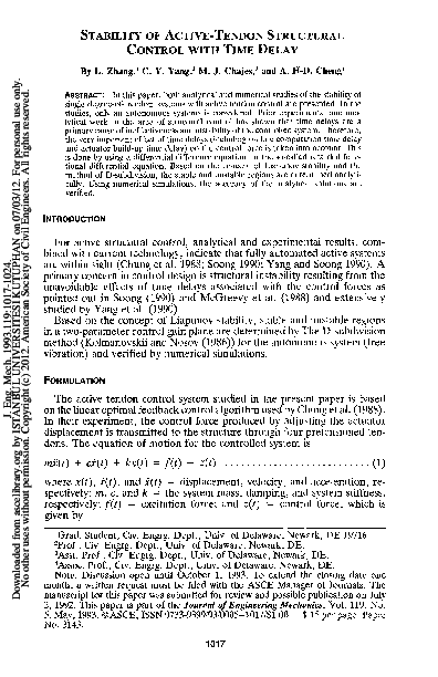 (PDF) Stability of Active‐Tendon Structural Control with Time Delay