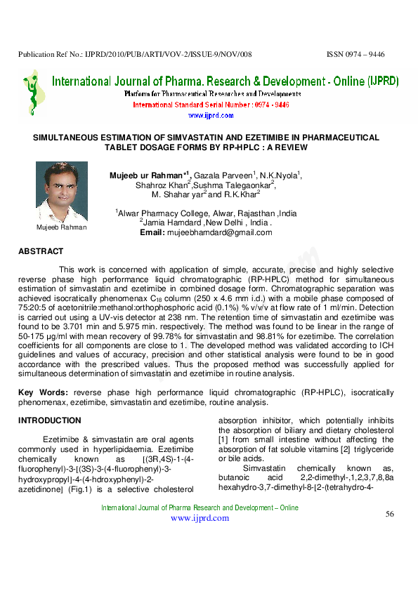 Pdf Simultaneous Estimation Of Simvastatin And Ezetimibe In