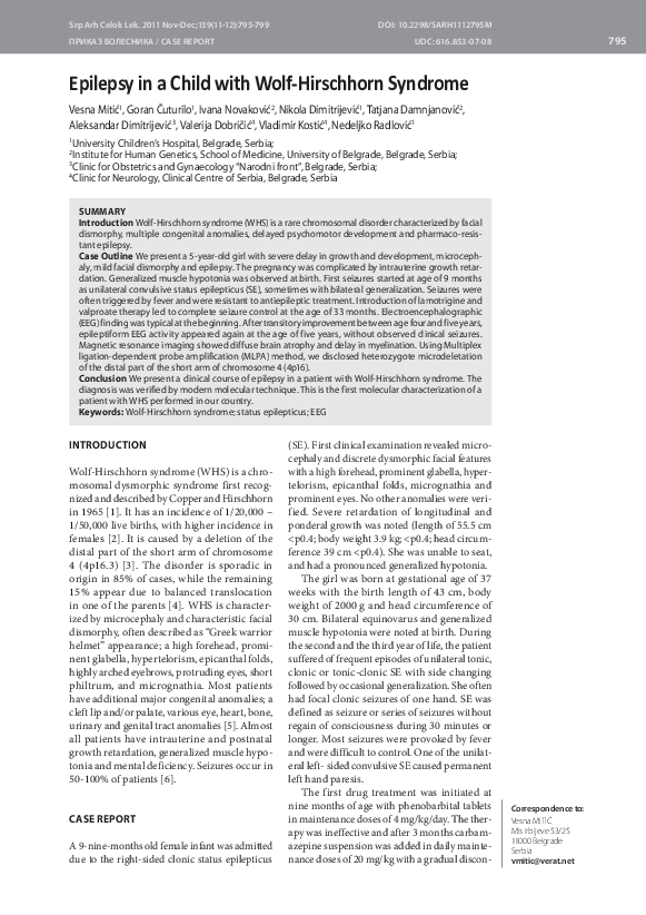 (PDF) Epilepsy in a Child with Wolf-Hirschhorn Syndrome