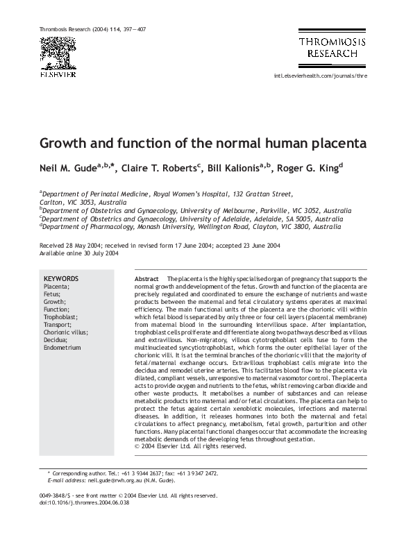 (PDF) Growth and function of the normal human placenta