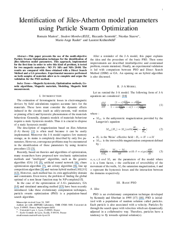 Pdf Identification Of Jiles Atherton Model Parameters Using Particle Swarm Optimization