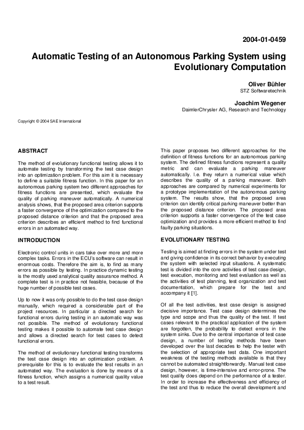Pdf Automatic Testing Of An Autonomous Parking System Using Evolutionary Computation
