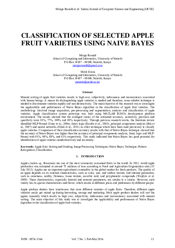 Pdf Classification Of Selected Apple Fruit Varieties Using Naive Bayes