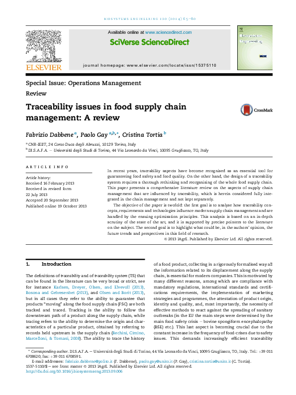 (PDF) Traceability issues in food supply chain management: A review