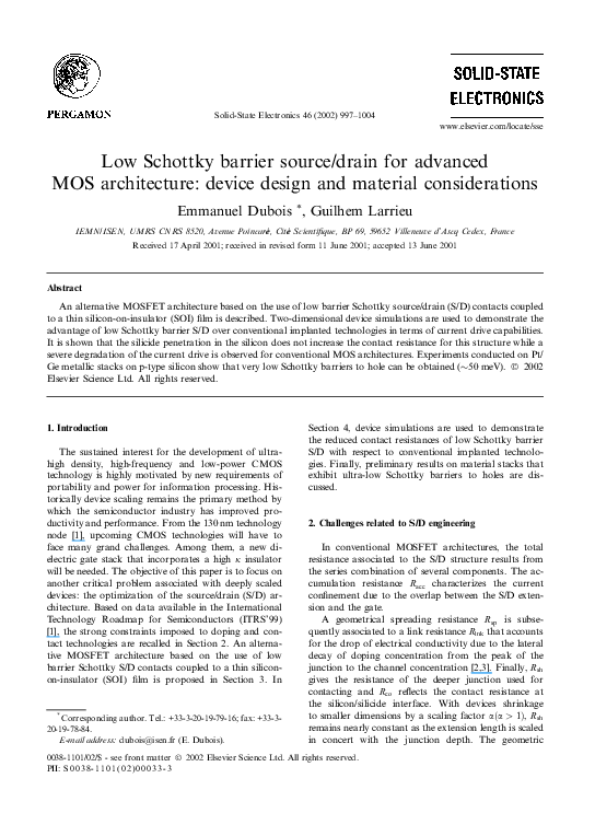 (PDF) Low Schottky barrier source/drain for advanced MOS architecture ...