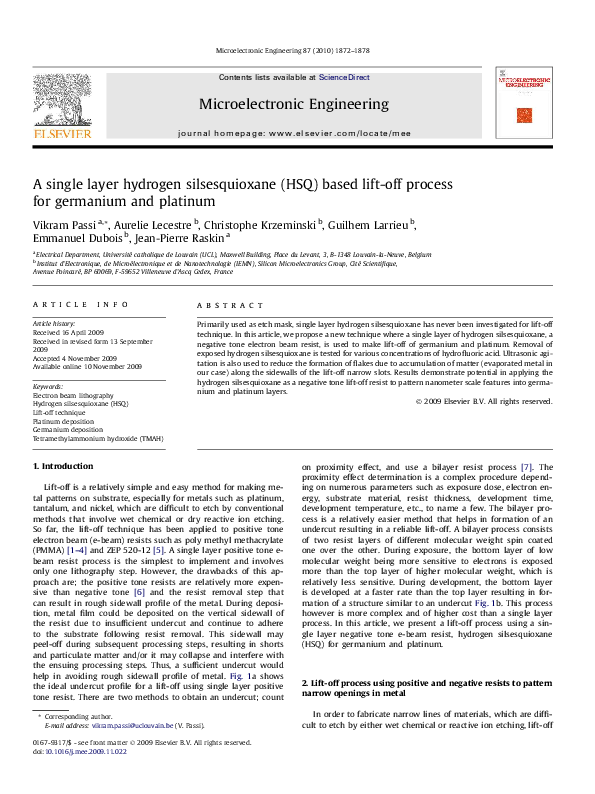 (PDF) A single layer hydrogen silsesquioxane (HSQ) based lift-off ...