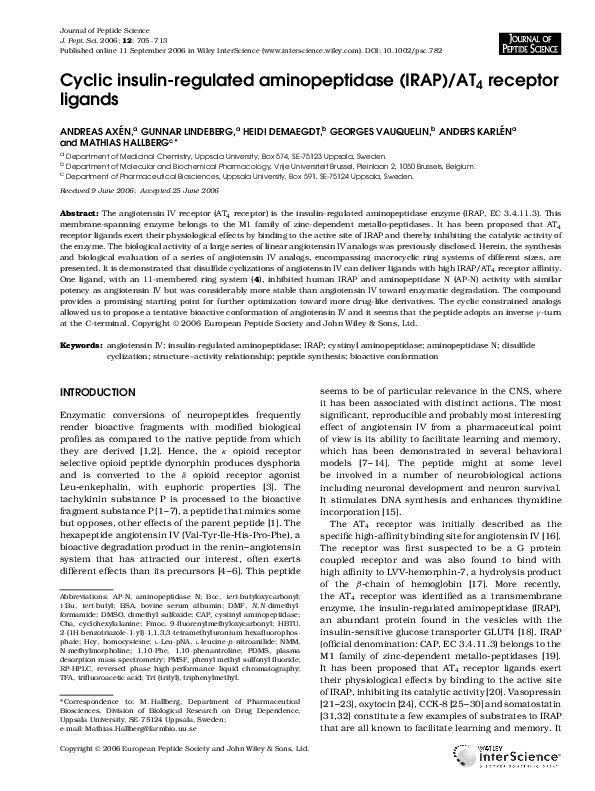 (PDF) Cyclic insulin-regulated aminopeptidase (IRAP)/AT4 receptor ligands