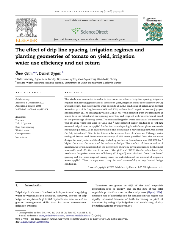 (PDF) The effect of drip line spacing, irrigation regimes and planting ...