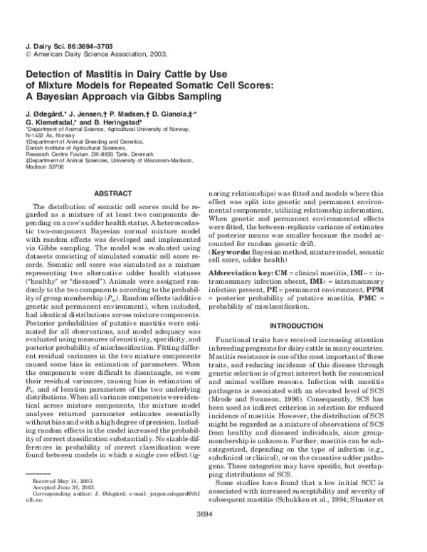 (PDF) Detection of mastitis in dairy cattle by use of mixture models for repeated somatic cell ...