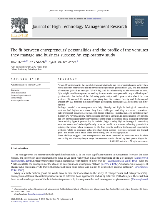 (PDF) The fit between entrepreneurs' personalities and the profile of ...