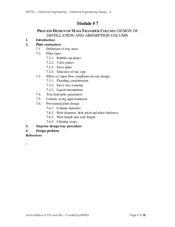 (PDF) Module # 7 PROCESS DESIGN OF MASS TRANSFER COLUMN: DESIGN OF ...