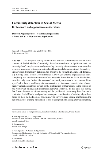 (PDF) Community detection in social media