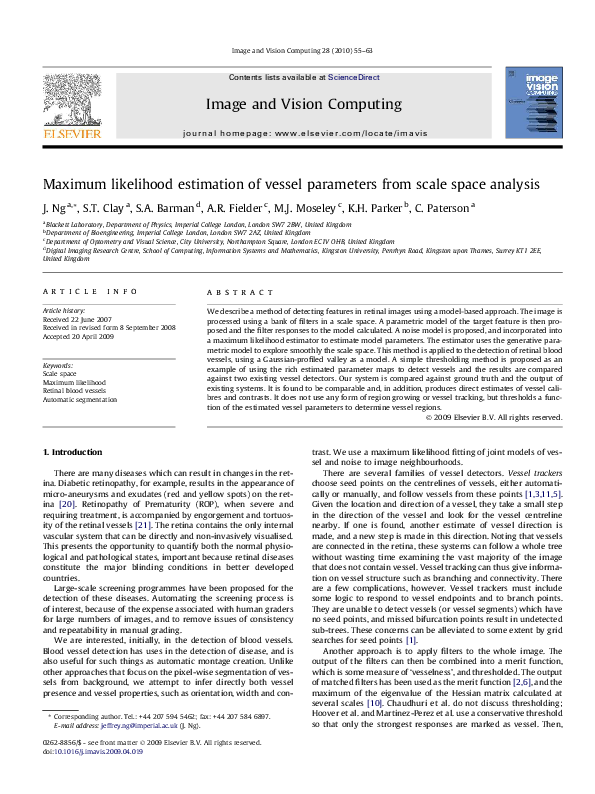 Pdf Maximum Likelihood Estimation Of Vessel Parameters From Scale Space Analysis Sarah
