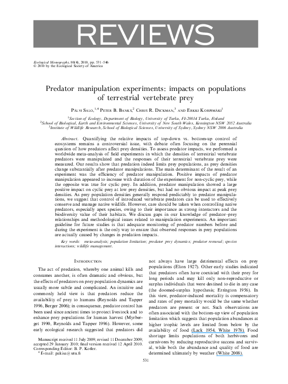 (PDF) Predator manipulation experiments: impacts on populations of ...