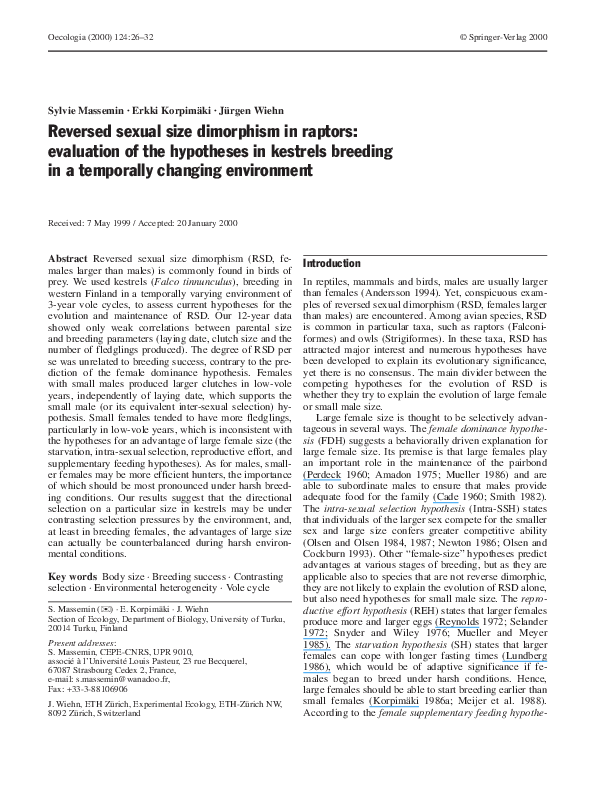 (PDF) Reversed sexual size dimorphism in raptors: evaluation of the ...