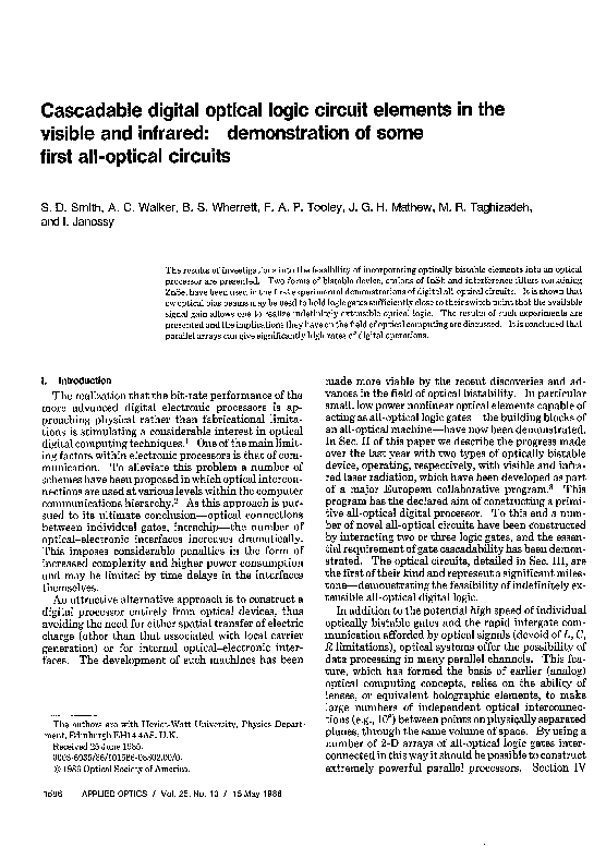 (PDF) Cascadable digital optical logic circuit elements in the visible ...