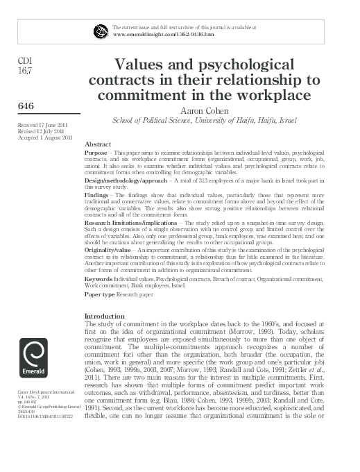 (PDF) Values and psychological contracts in their relationship to ...
