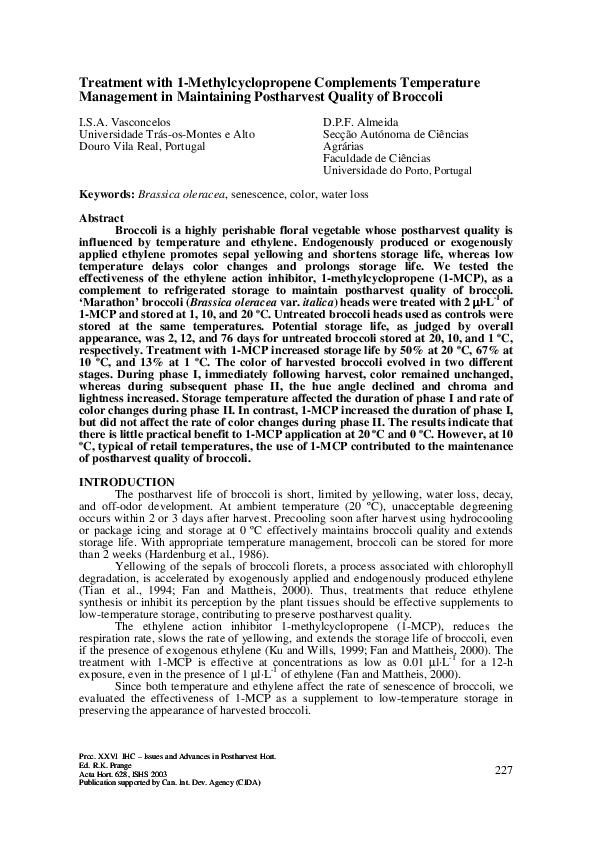 (PDF) Treatment with 1-Methylcyclopropene Complements Temperature Management in Maintaining ...