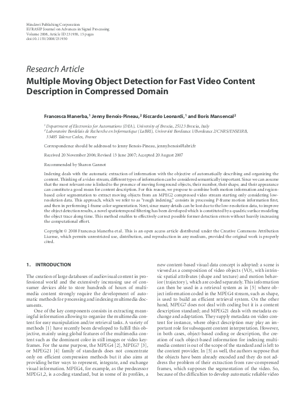 (PDF) Multiple Moving Object Detection for Fast Video Content Description in Compressed Domain
