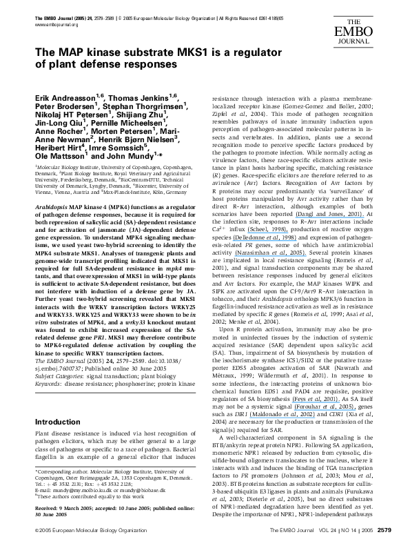 (PDF) The MAP kinase substrate MKS1 is a regulator of plant defense ...