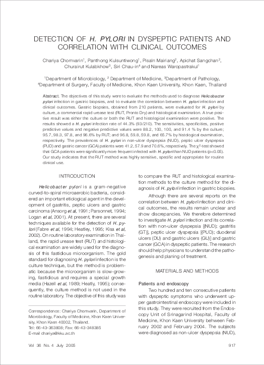 (PDF) Detection of H. pylori in dyspeptic patients and correlation with ...