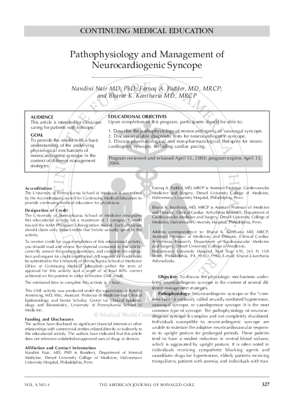 (PDF) Pathophysiology and management of neurocardiogenic syncope